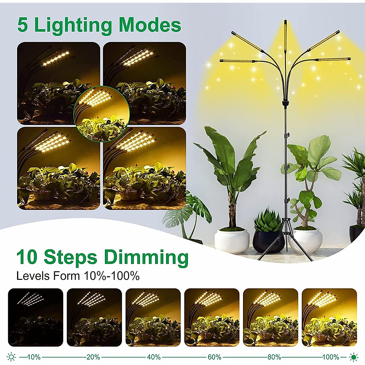 zyzykeji Grow Lights for Indoor Plants,5 Heads Plant Lights for Indoor Plant,LED Full Spectrum Plant Lights,Adjustable Plant Grow Light,4/8/12H Timer,Warm White Grow Lamp for Various Plant