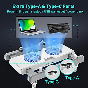 DeskLogics Laptop Cooling Pad 10-17 Inches Portable Laptop Cooler Stand Lap Desk Fan for Gaming PC, Extensible, Adjustable, Fit in Bag, USB A/C Ports, 2 Quiet Fans, Gift Ideas - White & Gray