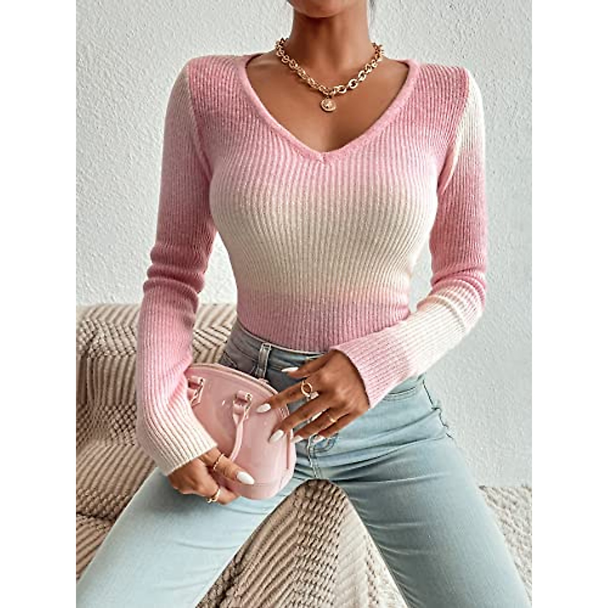 Floerns Women's Ombre Print Long Sleeve V Neck Rib Knit Pullovers Sweater Top Pink M