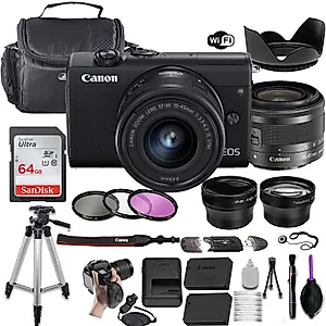Canon EOS M200 Mirrorless Digital Camera (Black) w/EF-M 15-45mm f/3.5-6.3 is STM + Wide-Angle and Telephoto Lenses + Portable Tripod + 64GB Memory Card + Deluxe Accessory Bundle (Renewed)