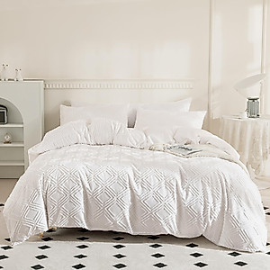 JELLYMONI Ultra-Soft Microfiber 3pc Tufted Duvet Cover Set, White Boho Textured Bedding Cover Jacquard Rhombus Geometric Pattern Reversible Comforter Cover with Zipper Closure & Corner Ties (Full)