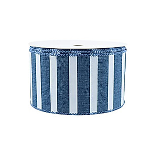 DINDOSAL Denim Blue Burlap Ribbon Wired Horizontal Stripe Wired Edge Ribbon Denim Ribbon for Gift Wrapping, Wreath Supplies, DIY Crafts, Topper Bows, Farmhouse Decorations, 2.5" x 10 Yards x 1 Roll