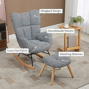 HOMCOM Glider Rocker with Ottoman Set, Houndstooth Nursery Rocking Chair, Upholstered Wingback Armchair for Living Room and Bedroom