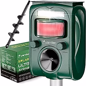 YARDEC Solar Animal Repellent Outdoor with Drill Bit - Waterproof Motion Activated Ultrasonic Animal Repeller with LED Flashing Light to Repel Deer, Rabbit, Squirrel, Skunk, Cat, Raccoon, Dog, etc.