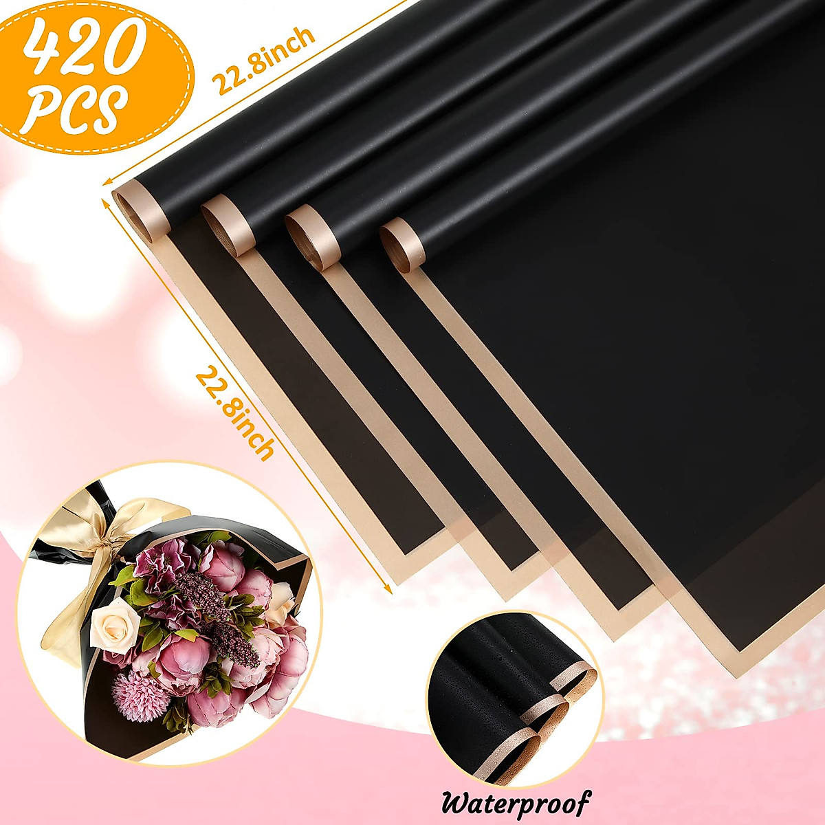 Yahenda 420 Sheet Black Flower Wrapping Paper Flower Bouquet Wrapping Paper Sheets with Gold Edge Korean Style Wrapping Paper for DIY Craft Gift Package Decoration Floral Supplies, 23 x 23 Inch