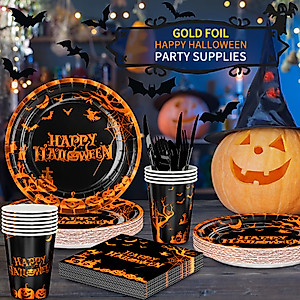 DYLIVeS Halloween Party Supplies, Orange Gold Foil Halloween Pumpkin Cemetery Bats Dinnerware, Includes 9" Plates, Napkins Cups Cutlery Halloween Birthday Party Decorations for Kids Adults, Serve 24