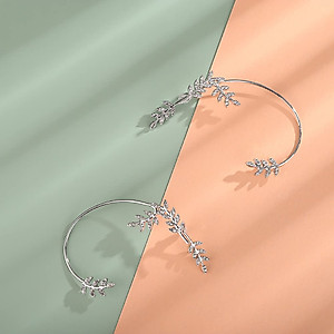 Jumwrit Rhinestone Ear Cuffs Leaf Ear Jacket Climber Crawler Earrings Ear Wrap Earrings Cute Hypoallergenic Stud Earrings for Women Girls（Silver）