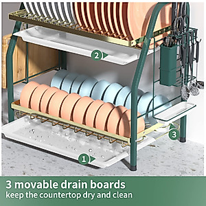 Boiarc Dish Drying Rack, 2 Tier Dish Rack for Kitchen Counter with Drainboard and Utensil Holder, Large Dish Drainer for Small Kitchen - Gold and Green¡­
