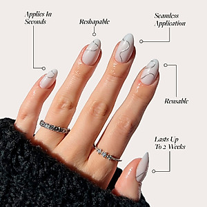 Glamnetic Press On Nails - Silent Night | Short Almond White Nails with 3D Silver Foil in a Glossy Finish | 15 Sizes - 30 Nail Kit with Glue