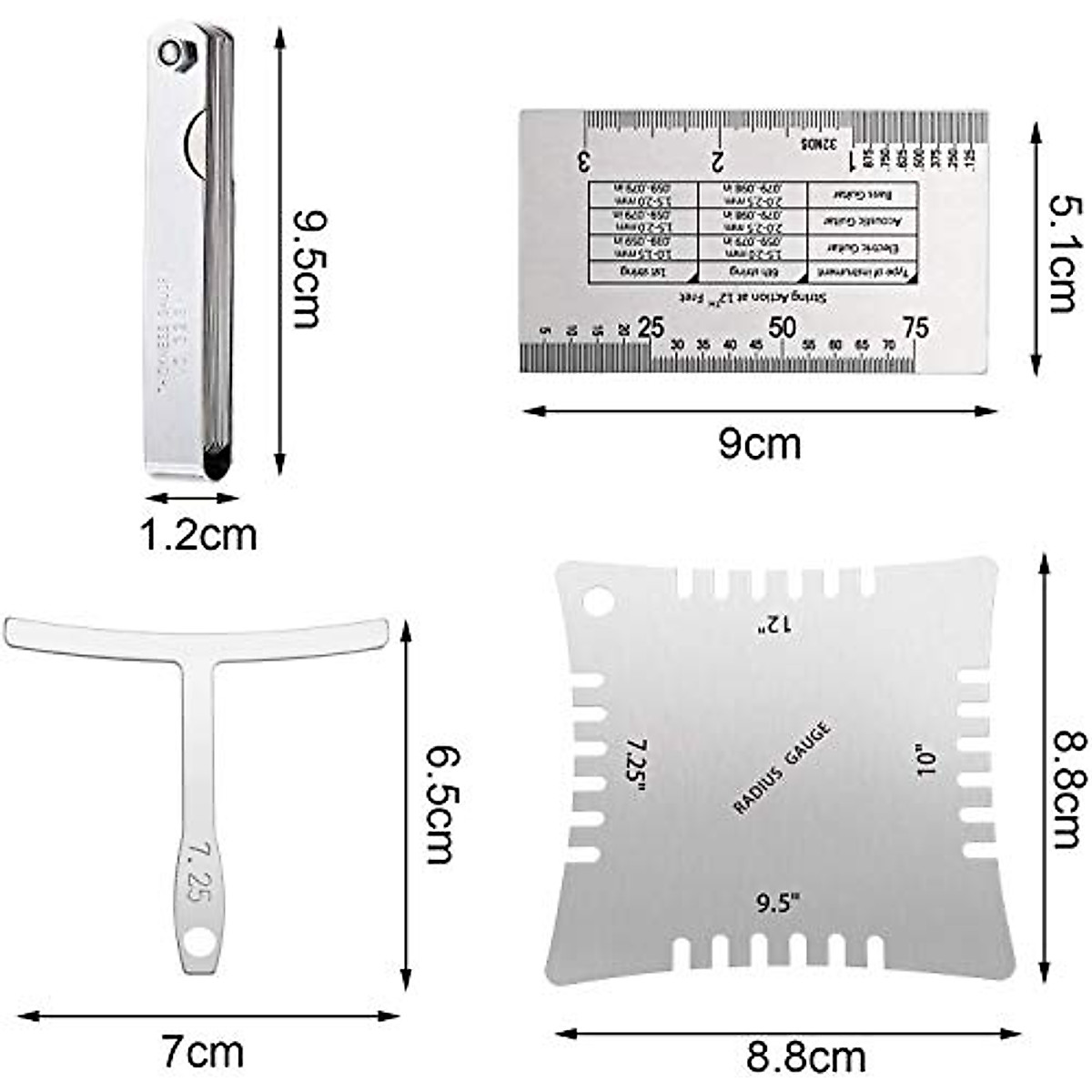 TIMESETL 17 Pcs Guitar Luthier Tools Including 4 Guitar Notched Radius Gauges, 9 Understring Radius Gauge Luthier Tools, 32 Blades Feeler Gauge, String Action Gauge Ruler and 2 Fingerboard Guards