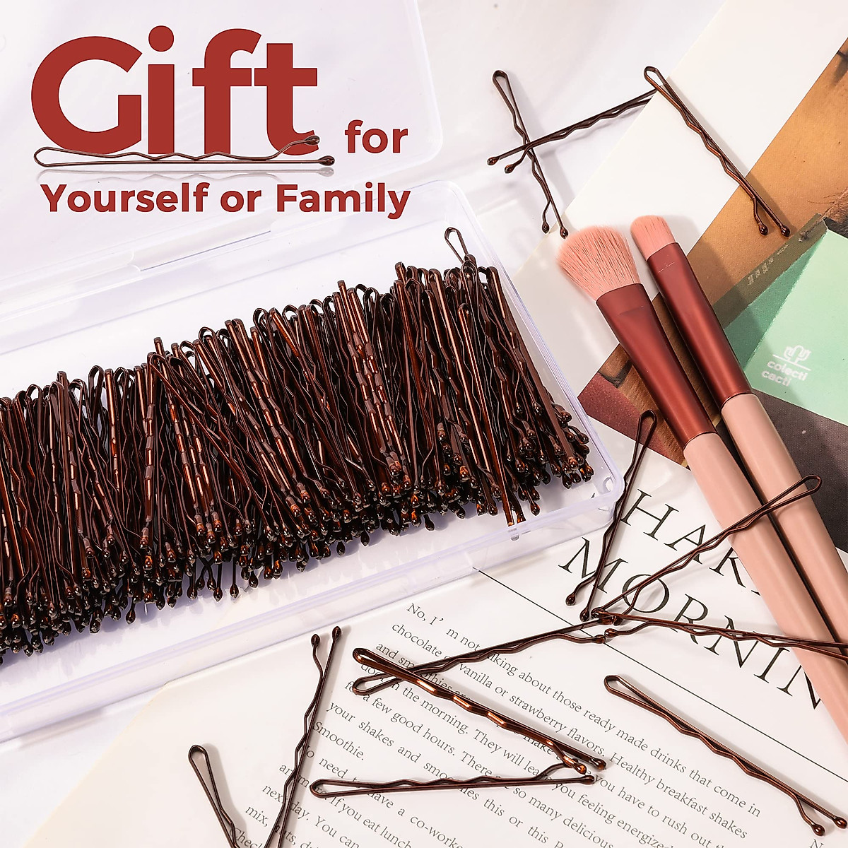 300 Pcs Bobby Pins Brown, EWAGOA Brown Hair Pins for Women Girls and Kids, Invisible curled Hair clips with Storage box, Pain-Free Hairpins（2 Inch Brown）