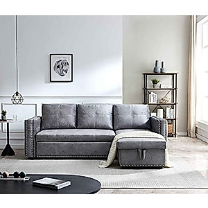 ATY Sectional Sofa with Pull Out Bed, Reversible L-Shape Couch with Storage Chaise and Sleeper, Save Space for Living Room Office, 91" Grey