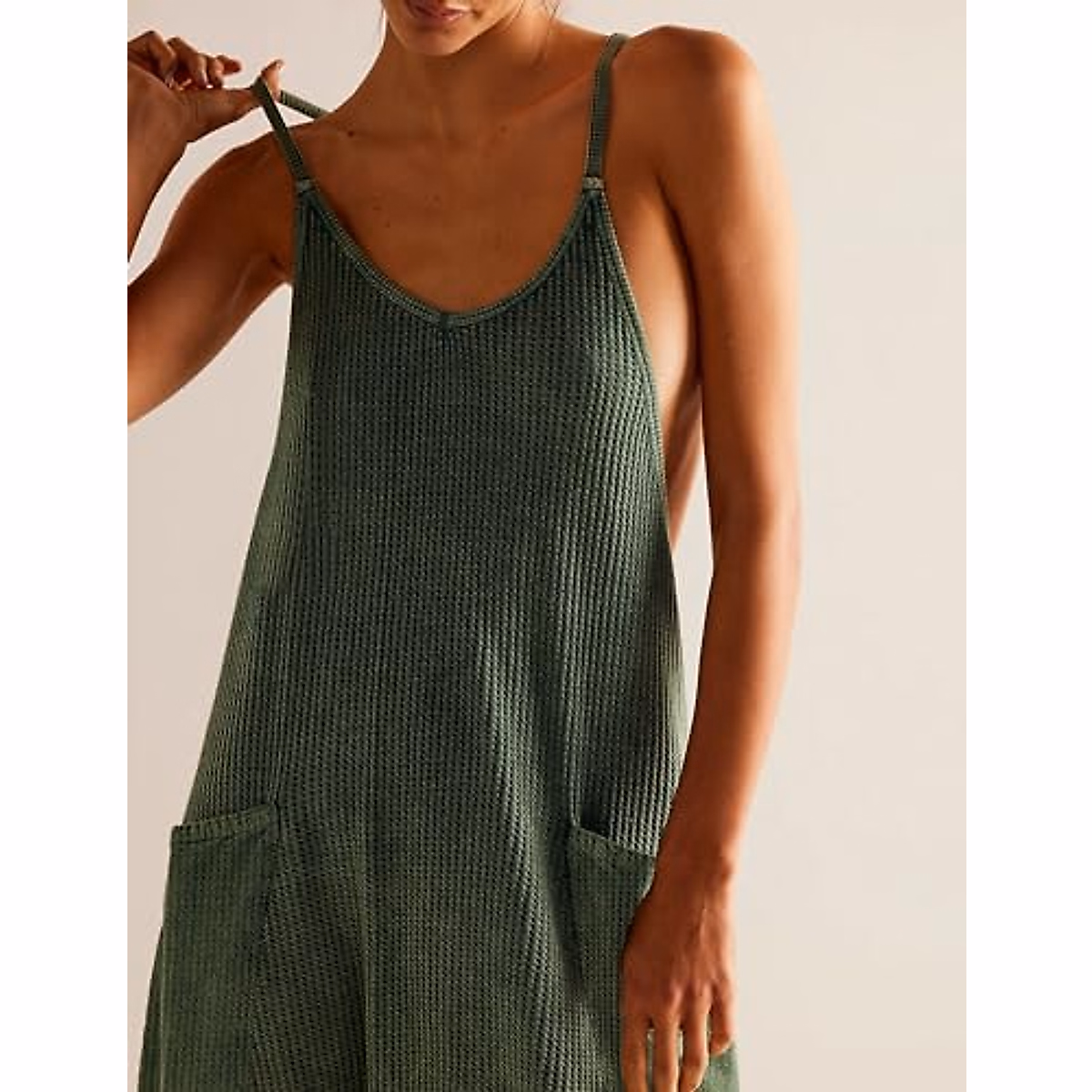 morhuduck Women's Sleeveless Jumpsuits Casual Waffle Knit Rompers V Neck Loose Overalls Spaghetti Strap One Piece Jumpsuits with Pockets,Green S