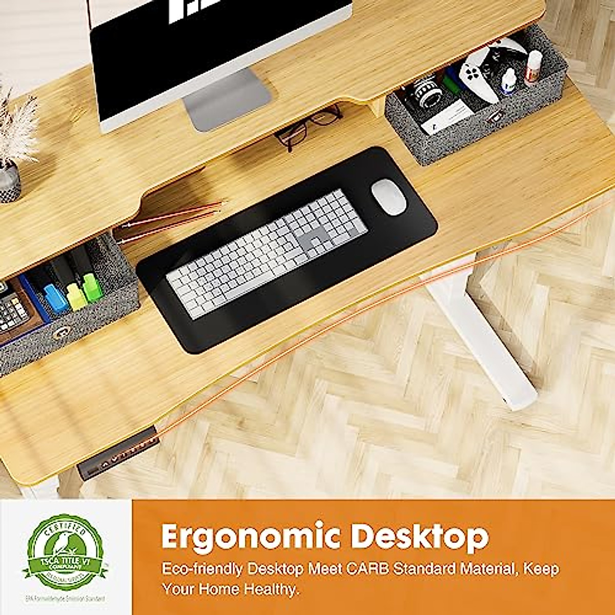 Sweetcrispy Electric Standing Desk Adjustable Height Stand Up Desk, 63 x 24 Inch Sit Stand Desk Adjustable Desk, Home Office Computer Desk with Storage Shelf, Double Drawer, Splice Board, Oak Desktop