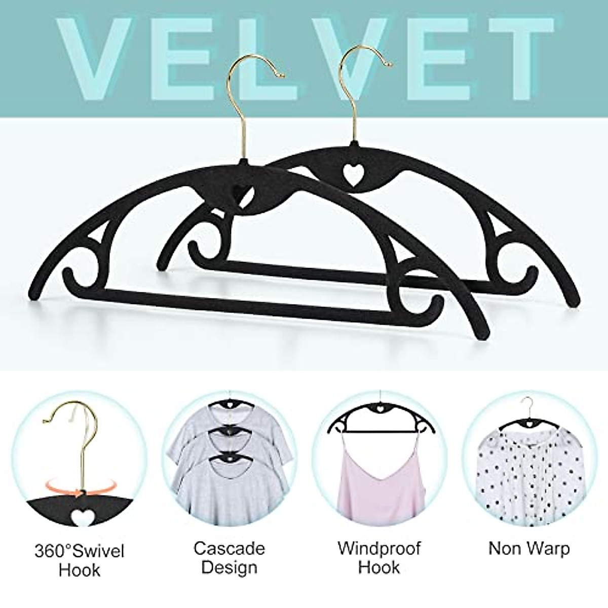 Velvet Clothes Hangers, ESEOE 50 Pack No Shoulder Bumps Suit Hangers with Swivel Hook, Ultra Thin Space Saving, Wide for Coat, Sweaters, Jackets, Shirt, Pants, Dresses (Black with Gold Hook)