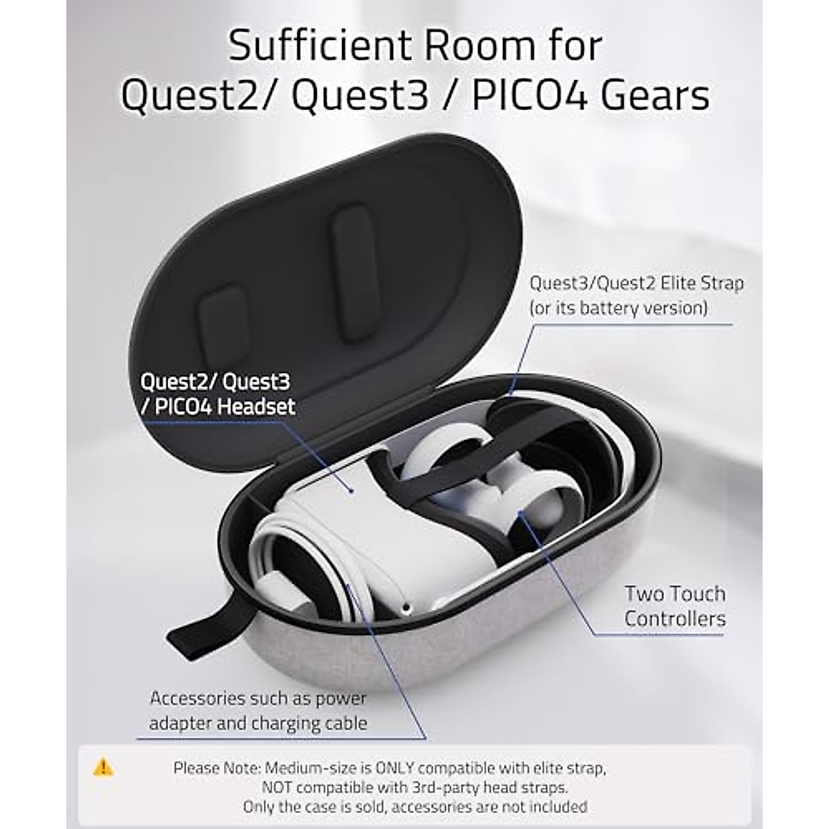 Syntech Hard Carrying Case Compatible with Oculus Quest 3, Quest 2 Accessories PICO4 VR Headset with Elite Strap, Touch Controllers and Other Accessories, Ultra-Sleek Design for Travel, Storage, Gray