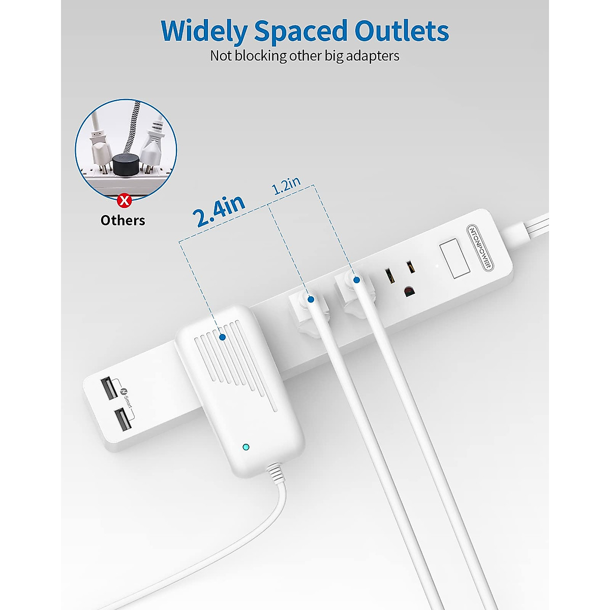 Flat Extension Cord 15 ft, NTONPOWER Ultra Thin Flat Extension Cord Under Carpet, Rug, Door, Wall Mount Power Strip Flat Plug with 4 Outlets 2 USB, Overload Protection for Home Office Indoor, White