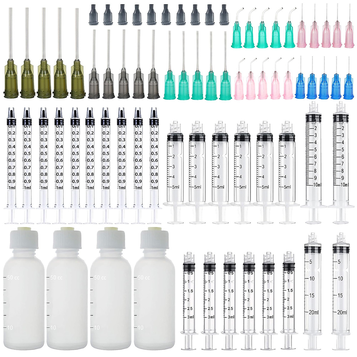 30 Pack 1ml, 3ml, 5ml, 10ml, 20ml, Dispenser and 50ml Glue Bottle. 14ga, 16ga, 18ga, 20ga, 22ga Dispensing head and Caps. Measuring Liquids and Refilling. Glue Applicator or Oil