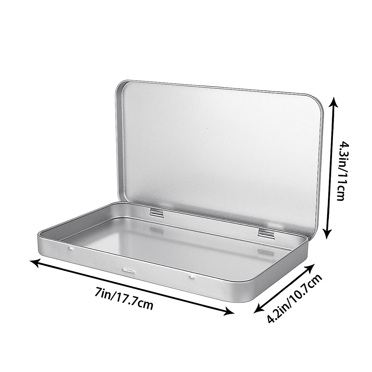 DAJAVE 6 Pack Metal Rectangular Hinged Tin Box Container, Sliver Tin Empty Box with Lid, Mini Tin Containers for Watercolor, Jewelry, Makeup, Candy, Craft Organize(4.2x7x0.6 Inch)