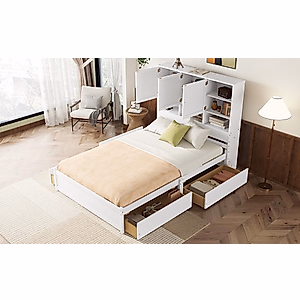 GM Ultra Queen Size Bed Frame with Storage Headboard, Bed Frame Queen Size with 4 Storage Drawers Cabinet, Platform Bed Frame Queen Size with Cabinet, No Box Spring Needed, Easy Assembly, White
