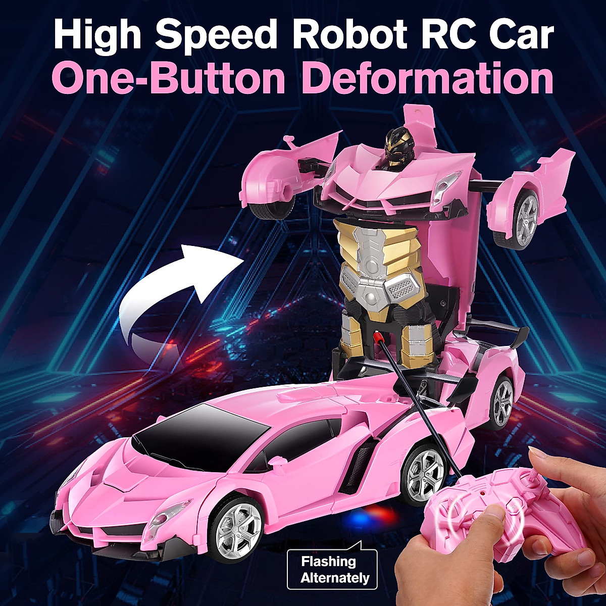 JOYOFUN Remote Control Car Hobby RC Transformer Cars Robot Toy High Speed Transforming 2.4Ghz 1:18 Scale 360° Rotating Drift for Girl Kid Teen Boy - Pink