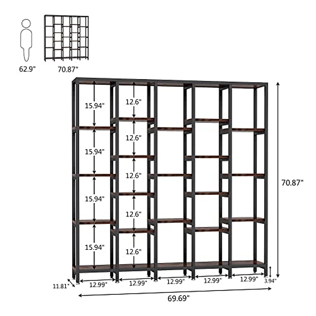 Tribesigns Wide 9-Tier Bookshelf, 71” H x 70” W Extra Large Bookcase with 22 Open Shelves, Tall Bookshelf Open Display Shelves with Metal Frame for Living Room, Home Office, Rustic Brown