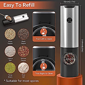 HOMCYTOP Electric Salt and Pepper Grinder Set W/USB Rechargeable Base, No Battery Needed, One Handed Operation, Automatic Powered Spice Mill Shakers Refillable, Adjustable Coarseness, LED Light