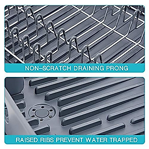 TOOLF Extendable Dish Rack, Dual Part Dish Drainers with Non-Scratch and Movable Cutlery Drainer and Drainage Spout, Adjustable Dish Drying Rack for Kitchen, 1 Piece Grey