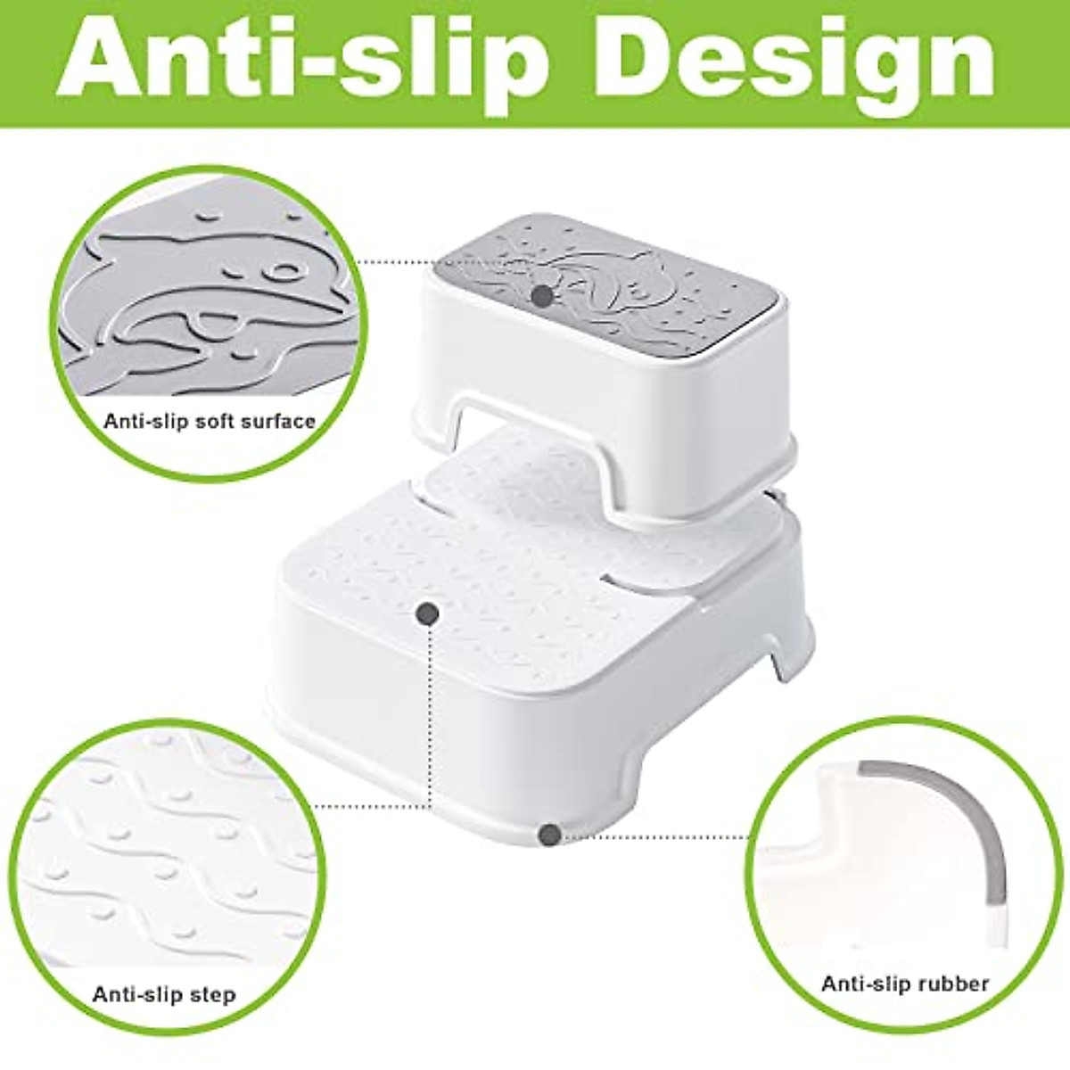 Two Step Stool for Kids, Double up Toddler Step Stool for Potty Training, Kitchen, Bathroom, Toilet Stool with Anti-Slip Strips for Safety, Stackable, Wide Step (1 Pack White)