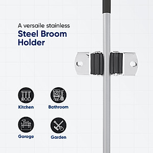 Superio Mop and Broom Holder, Set of 4 Single Piece Hooks, Stainless Steel Wall Mount Cleaning Storage Tool Organizer, Heavy-Duty Hook for Kitchen, Closet Garage, and Office