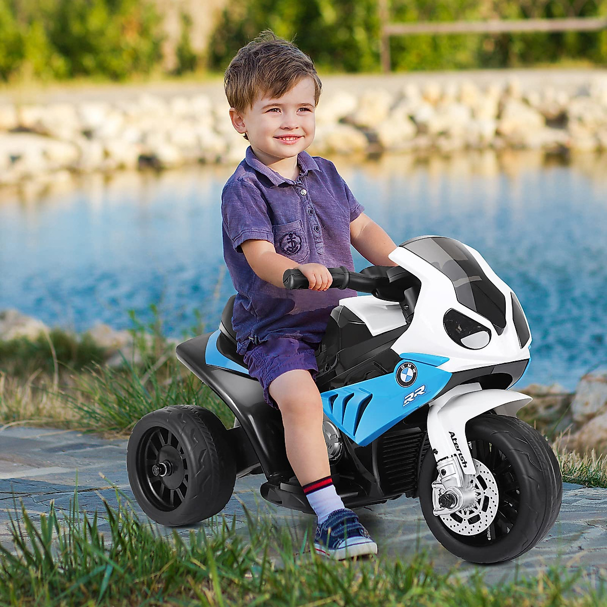 HONEY JOY Kids Motorcycle, Licensed BMW 6V Battery Powered Ride On Motorcycle w/LED Headlights, Music, Pedal, Spring Suspension, 3 Wheels Electric Motorcycle for Kids, Gift for Boys Girls(Blue)