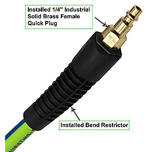 YOTOO Air Hose 1/4 in x 25 ft, Heavy Duty Hybrid Air Compressor Hose, Flexible, Lightweight, Kink Resistant with 1/4" Industrial Quick Coupler Fittings, Bend Restrictors, Green+Blue