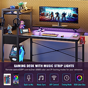 TREETALK Gaming Desk with Power Outlets & Music Strip Lights,47In Reversible Computer Desk with Storages Shelves,Wooden Drawer& CPU Stand, PC Laptop Table with Large Monitor Stand for Home Office
