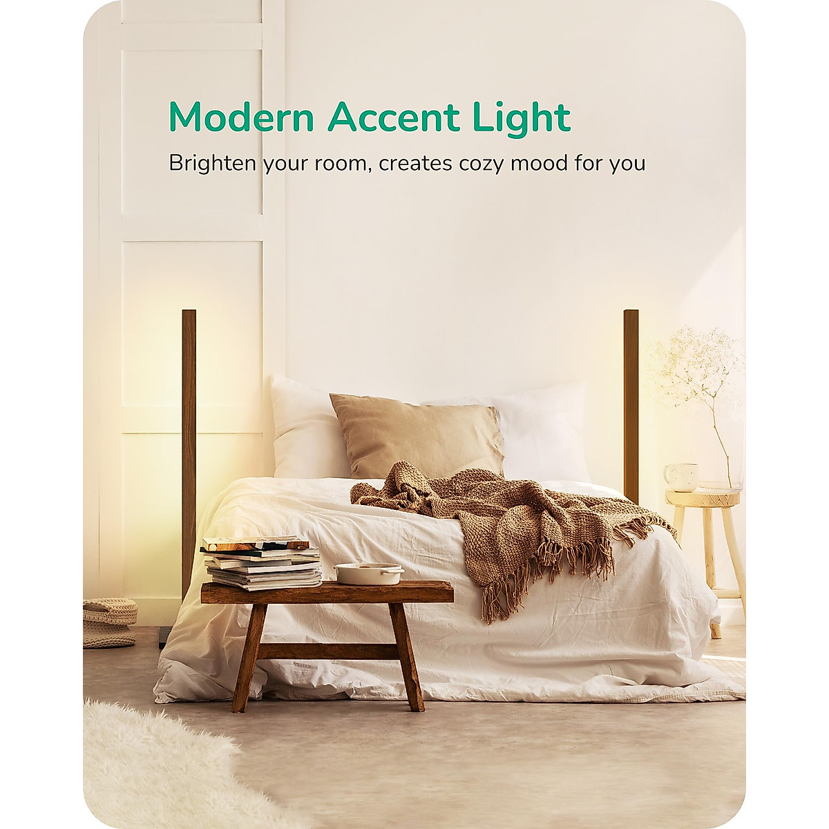 EDISHINE Mid Century Modern Floor Lamp with Remote, Dimmable Wood LED Corner Light, Minimalist Standing Mood Lighting for Living Room, Bedroom, Office, 7 Color Temperature 2700K~6000K, 46"