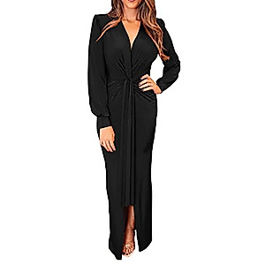 PRETTYGARDEN Women's Spring Long Sleeve Maxi Bodycon Dresses V Neck Twist Front Ruched Cocktail Evening Dress with Slit (Black,Medium)
