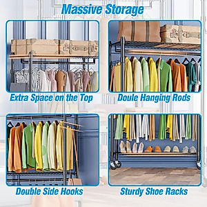 Homdox Double Rod Closet 3 Shelves Wire Shelving Clothing Rolling Rack Heavy Duty Garment Rack with Wheels and Side Hooks, 2-Pack