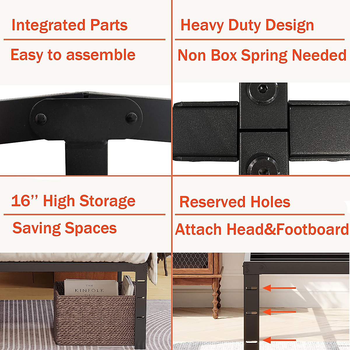 zunatu 18 Inch Queen Metal Bed Frame Foundation No Box Spring Needed Heavy Duty Tall Platform with Large Storage Easy Assembly Mattress Noise Free, Black