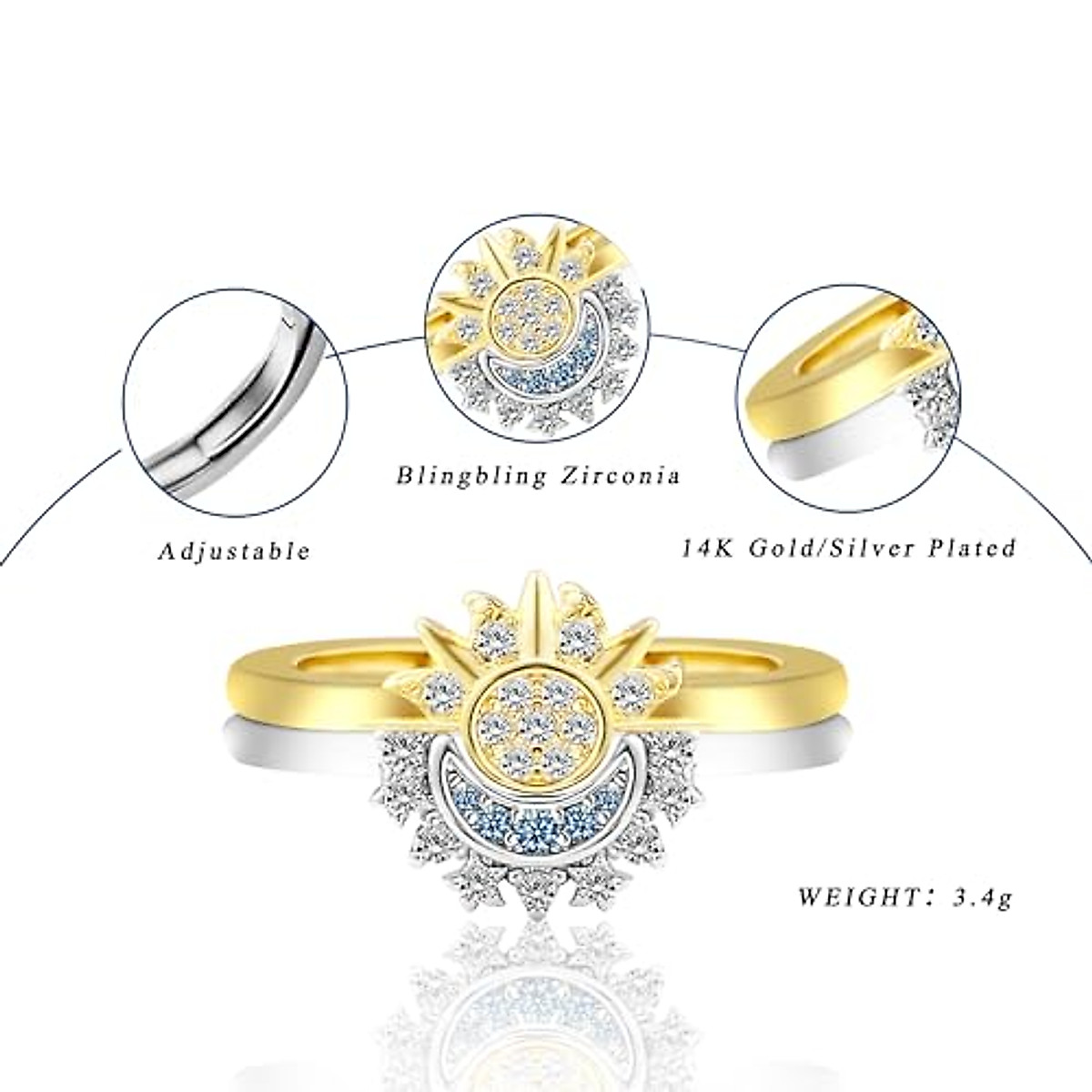 Sun and Moon Ring Set Stackable Rings for Women,Adjustable Celestial Jewelry Anillos Para Mujer Matching Rings as Friendship Best Friend Gifts for Teens,Gold and Silver Birthday Gifts for Girls