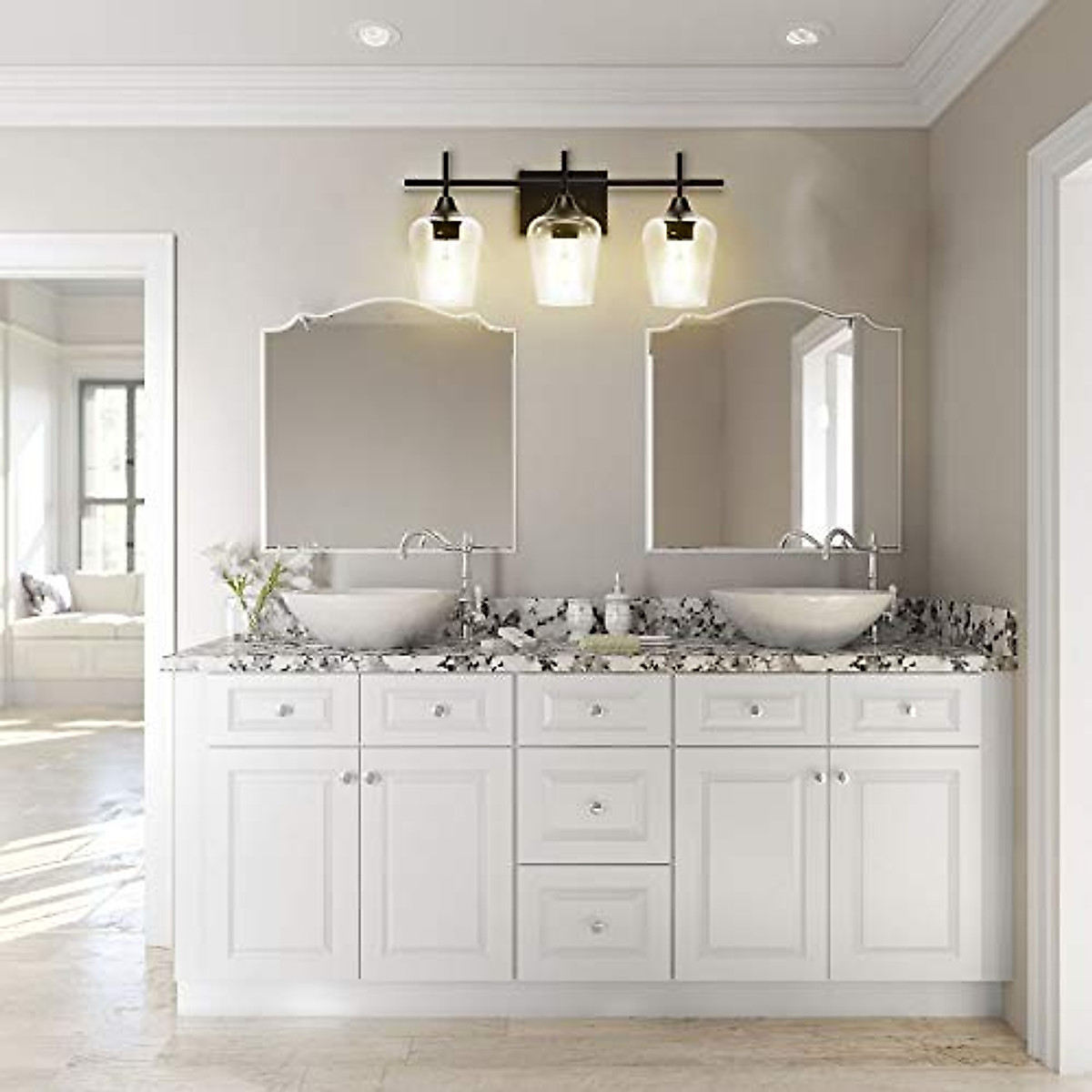 VONLUCE 3-Light Vanity Light in Matt Black Finish, Vintage Farmhouse Mirror Lights with Clear Glass Shade, Modern Industrial Wall Sconce for Bathroom, Bedroom, Hallway, Makeup Dressing Table