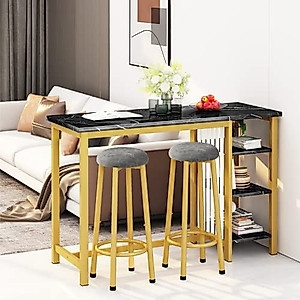 AWQM Bar Table Set with Storage Shelves, 47" Modern Black Faux Marble Breakfast Table with 2 Velvet Stools, 3-Piece Dining Set for 2, Space Saving Table for Kitchen/Dinning Room/Living Room/Studio