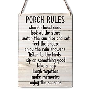 Farmhouse Porch Rules Wooden Sign Wall Decor Rustic Porch Quote Wood Plaque Hanging Sign Decoration for Home Door 8"x10"