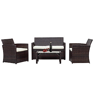 Saemoza 4 Pieces Outdoor Patio Furniture Set, Outdoor Wicker Rattan Patio Furniture with Tempered Glass Tabletop Clearance