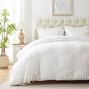 cozyide White Duvet Cover Queen Size, 3 Pieces Bedding Duvet Covers, Soft Breathable Seersucker Duvet Cover Set with Zipper Closure and Corner Ties (1 Duvet Cover 90"x90" + 2 Pillow Shams 20"x26")