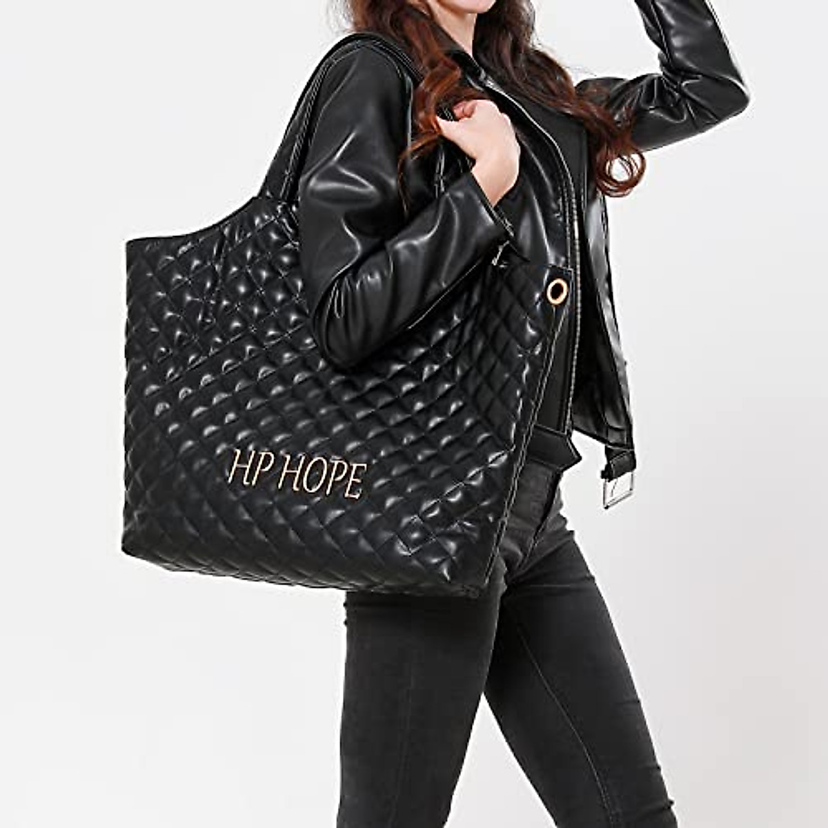 Hp hope Large Faux Leather Tote Bag with Removable Zipper Pouch, Maxi Shopping Bag in Quilted Lambskin, Waterproof Shoulder Handbag for Women, Black