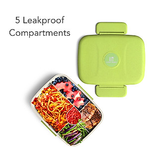 Fenrici Bento Lunch Box For Kids and Teens, Made with Natural Wheat Straw and Food Grade Silicon, 5 Leakproof Compartments, BPA-Free Bento Box, Microwave and Dishwasher Safe, Green