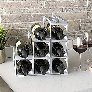 Stackable Modular Wine Rack - 12 Bottle Set (9 modules, 3 top Plates) Silver. Store up to 12 Bottles. Great for organizing and Creating Storage Space. by Stakrax