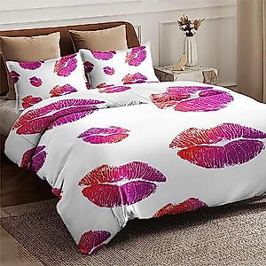 Duvet Cover Queen Size, Red Pink Sexy Makeup Bedding Set with Zipper Closure for Kids and Adults, Woman Valentine Purple Comforter Cover with 2 Pillow Shams for Bedroom Bed Decor