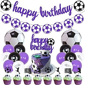 Sursurprise Soccer Birthday Party Decorations for Girls Purple Soccer Birthday Banner Garland Cake Topper Balloon for Sports Theme Birthday Party Supplies