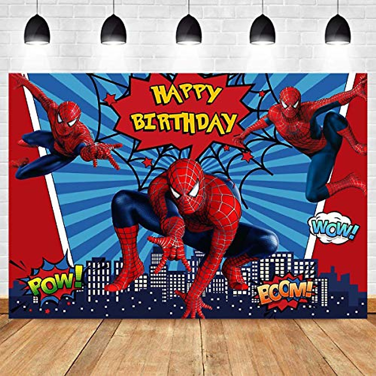 Red Spider Photography Backdrop Baby Boys Happy Birthday Party Decorations Vinyl Children Photo Booth Studio Props Background Superhero Cityscape 5x3ft Banner Dessert Table Baby Shower Supplies