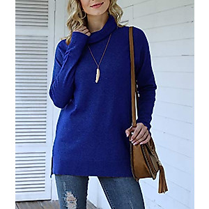 HWOKEFEIYU Womens Turtleneck Sweaters Long Sleeve Side Split Pullover Loose Knit Jumper(Royal Blue,X-Large)